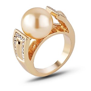 HUKQBUNX 18K Gold Simple Temperament Natural Pearl White Pearl Diamond Inlaid Women's Ring Vintage Women's Precious Couple Ring Size 6-9 (Size 8)