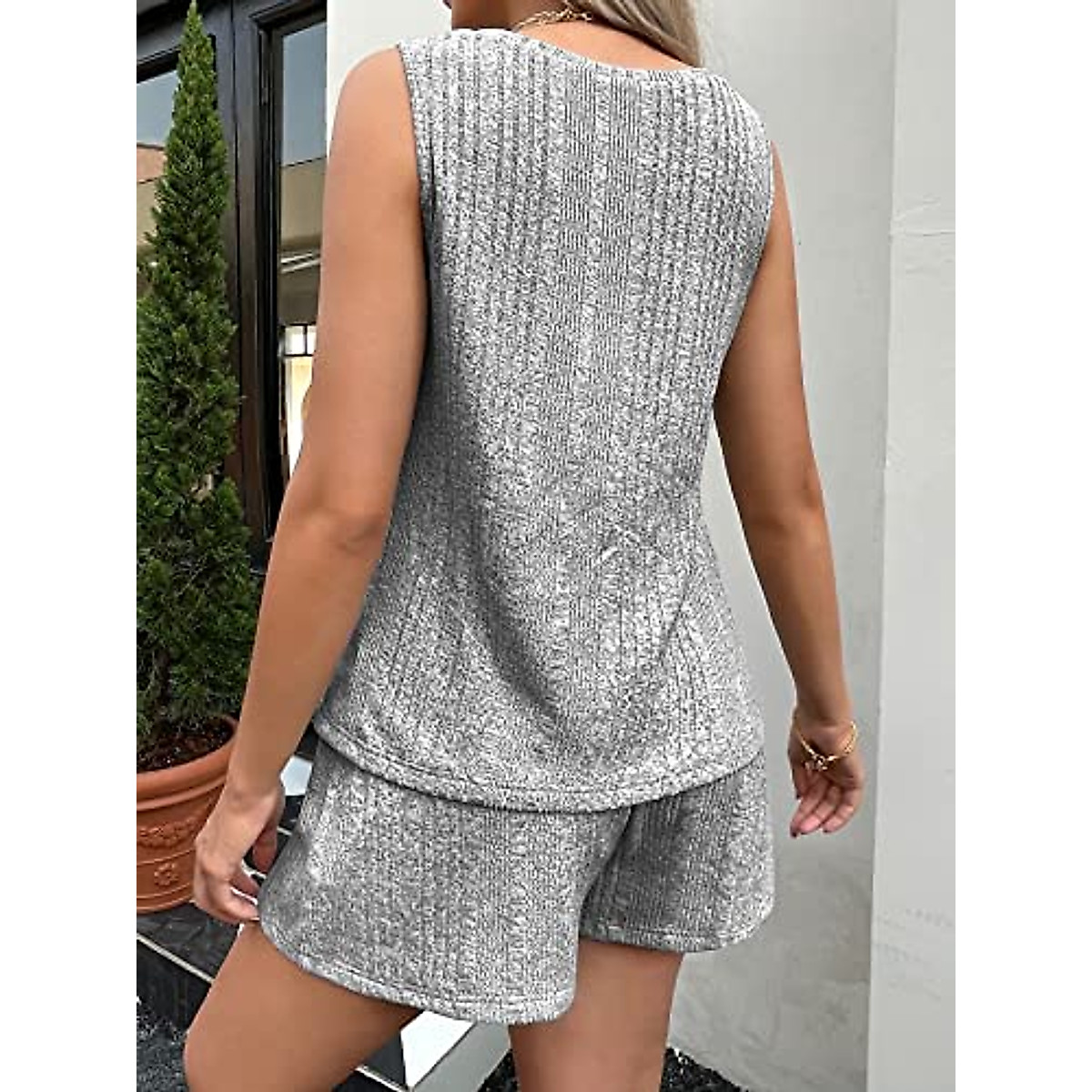 OYOANGLE Women's Maternity 2 Piece Pajamas Outfits Round Neck Tank Top and Adjustable Waist Shorts Loungewear Light Grey XL