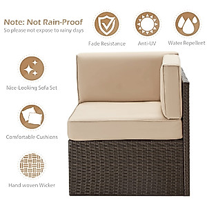AECOJOY 7 Piece Outdoor Patio Furniture Set, Outdoor Sectional Conversation Furniture Chair with Coffee Table,Patio Sectional for Garden,Backyard(Khaki Cushions and Brown PE Rattan)