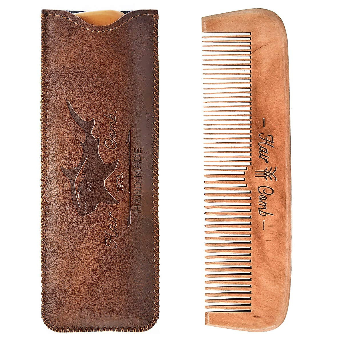 Wooden Hair Combs for Men,Men's Wood Beard Comb with Leather Travel Case,Mens Combs for Hair,Kids Comb(brown shark)