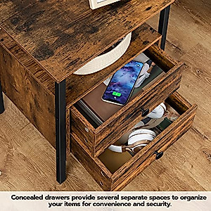 HOOBRO End Table with Charging Station and USB Ports, Side Table with Drawers and Storage Shelf, Set of 2, Bedside Table for Small Spaces, Living Room, Rustic Brown BF431BZP201