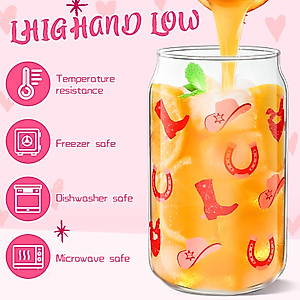 Yaomiao 4 Sets Glass Cups with Bamboo Lids and Straws, 16 oz Drinking Beer Can Iced Coffee Cup with Lid Straw and Cleaning Brush Reusable Tumbler Drinking Glass Coffee Gift Idea (Cowgirl)