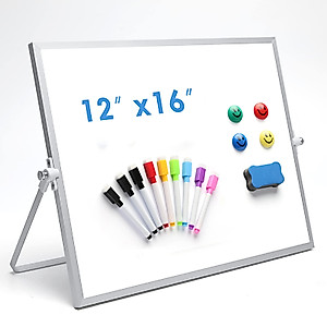 Dry Erase White Board,16”X12” Large Magnetic Calendar Whiteboard with Stand, 9 Markers, 4 Magnets,1 Eraser, Double-Sided Portable Whiteboard Easel for Office, Students Memo to Do List