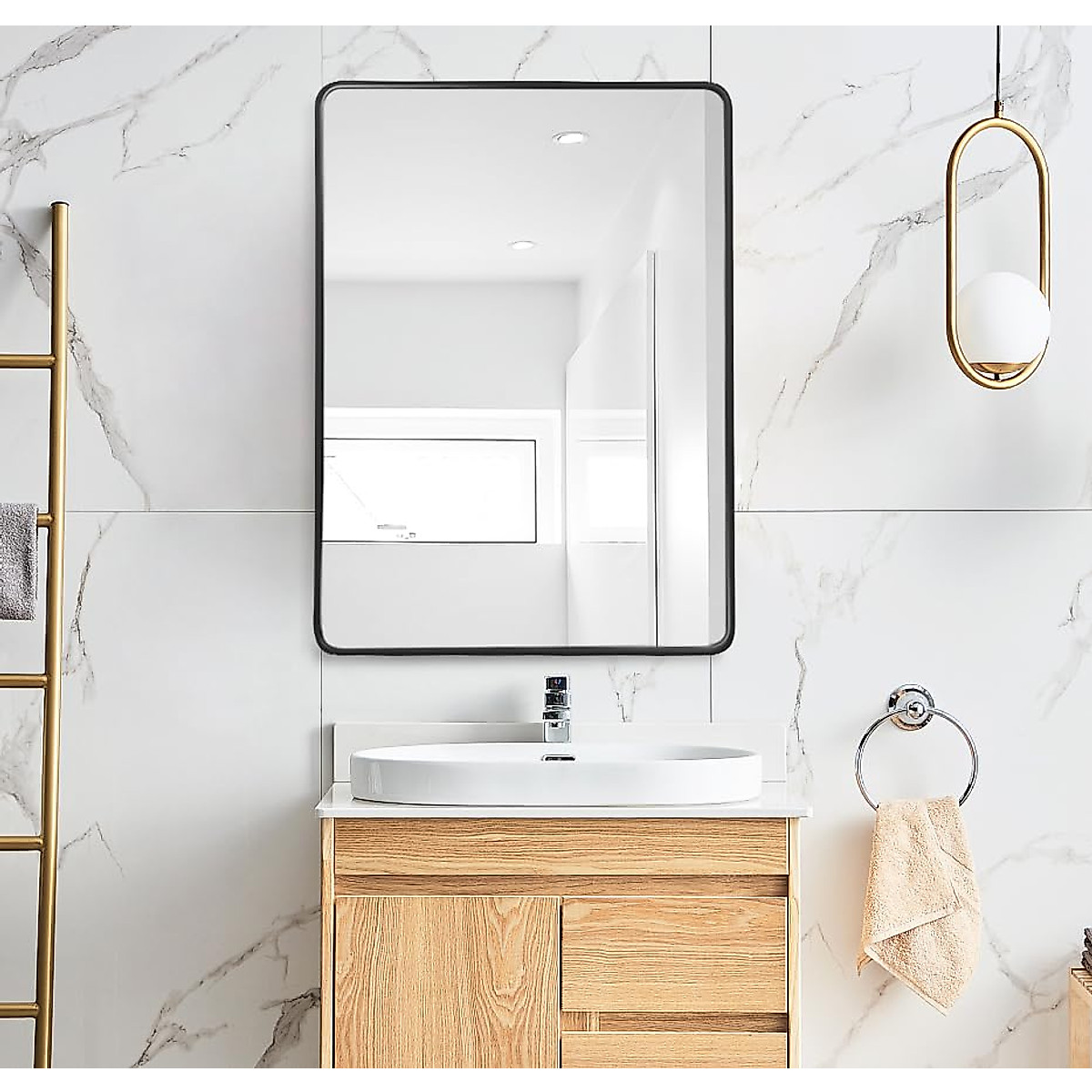 FOMAYKO Farmhouse Black Metal Framed Recessed Bathroom Medicine Cabinet with Mirror Rounded Rectangle Vanity Mirros for Wall 22x30 inch