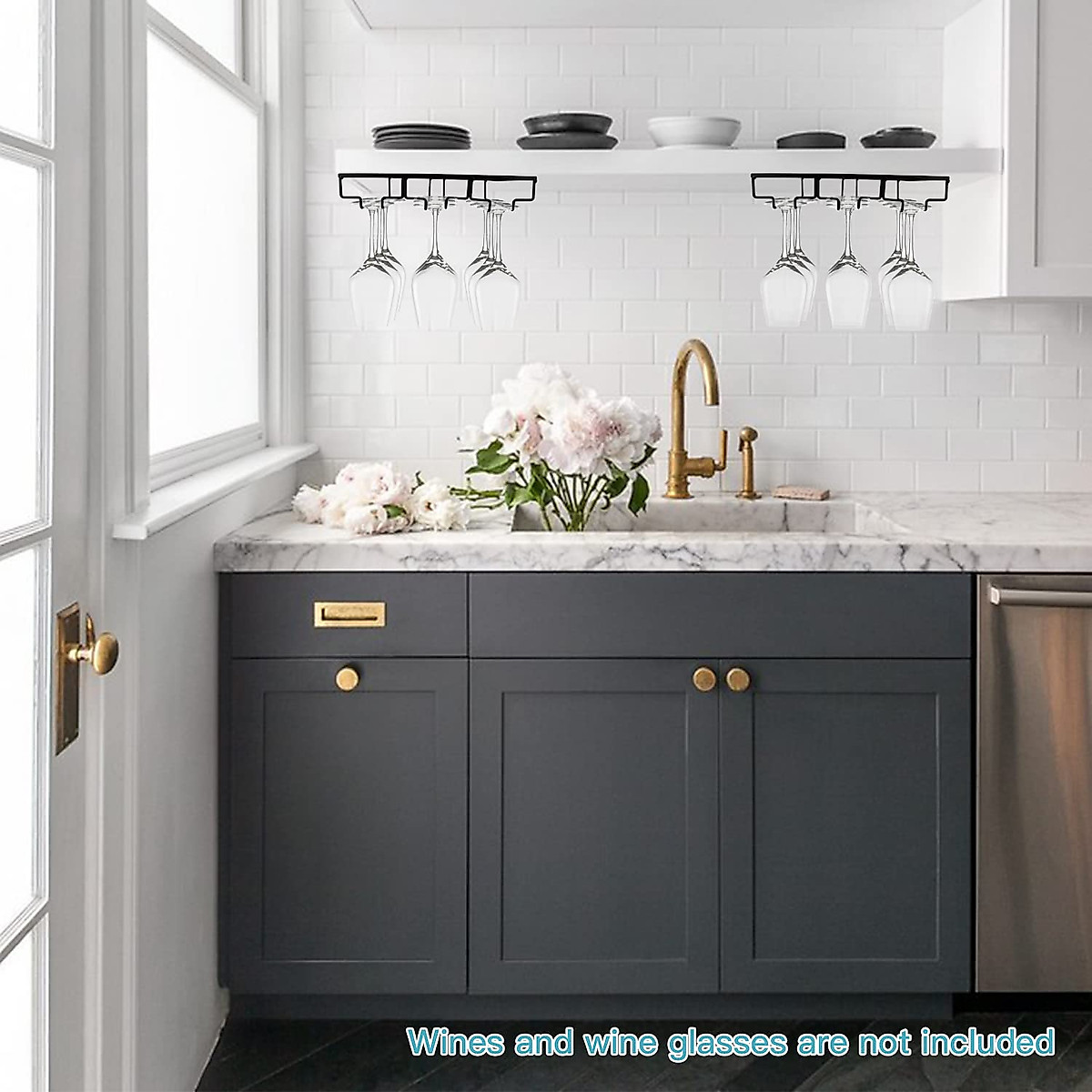 Helunsi Black Wine Glass Rack Under Cabinet Wine Glass Holder Stemware Hanging Rack Wine Glass Hangers Under Shelf Metal Storage Organizer Mountable for Kitchen Cabinet Restaurant Bar (3 Rows)