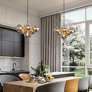 KELUOLY 6-Light Glass Chandelier, Mid Century Globe Black and Gold Hanging Ceiling Light, Smoke Grey Vintage Hanging Pendant Light for Bedroom Dining Room Kitchen Farmhouse Living Room