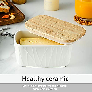 KOOV Porcelain Large Butter Dish with Lid for Countertop, Airtight Butter Container with Oak Lid, Butter Crock, Perfect for 2 Sticks of Butter, Irregular Striped Series (White)