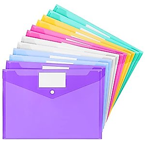 Vobou 12 Pack Plastic Poly Filing Envelopes, Clear Document Folders Letter A4 Size File Envelopes with Label and Pocket Paste Button for School Home Work Office Organization, 6 Assorted Color