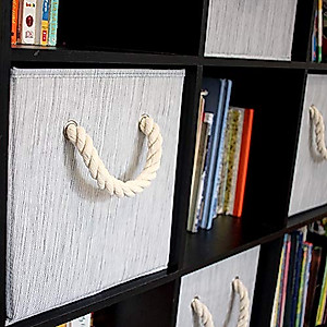 EZOWare Set of 8 Bamboo Fabric Storage Bins with Cotton Rope Handle for Nursery Toys, Gray + Beige