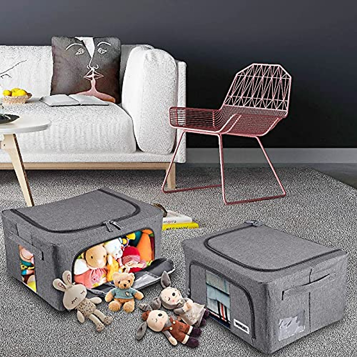 WONLIFE Folding Storage Box,Steel Frame Storage Box,Clear Collapsible Container,Foldable Cloth Storage Box,Closet Storage Bag,Stackable Storage Bins,Organizer/Handles/Window/Zipper(2-Pack,Darkgray,M)