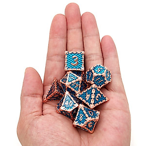 Ouyide Metal dice, DND dice Set, Dragon Skin Scale Iron Chain, Suitable for Role-Playing Dungeons and Dragons dice Set Game（Rose Gold Rim + Blue）