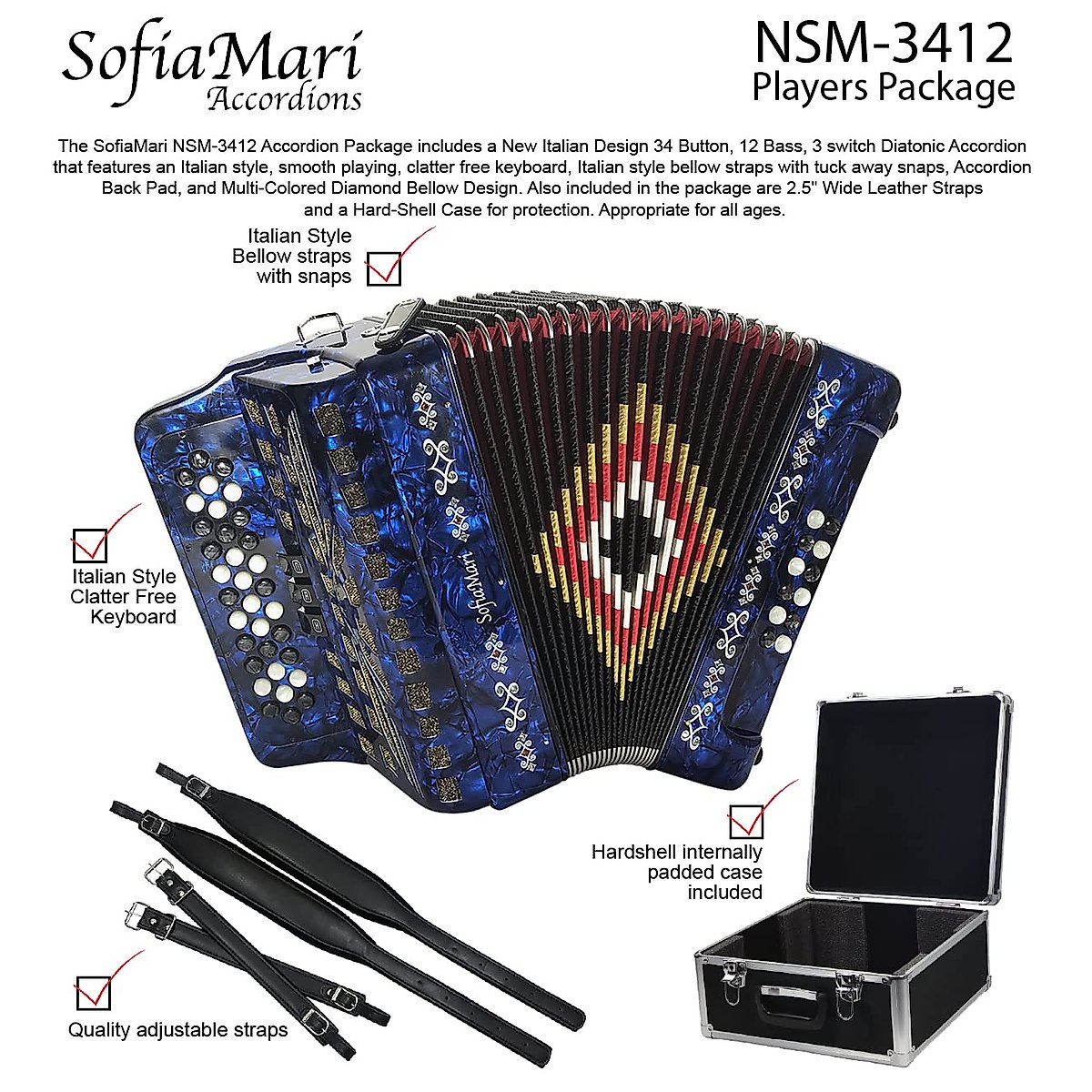 SofiaMari NSM3412 Accordion Package: 34 Button, 12 Bass, 3 Switch Accordion with Case and Straps (Sol/GCF Deep Blue Pearl) (NSM-3412-DBP-SOL)