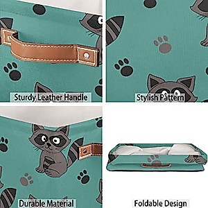 Raccoon Paw Print Storage Basket Bins for Organizing Pantry/Shelves/Office/Girls Room, Animal Pattern Storage Cube Box with Handles Collapsible Toys Organizer 13x13