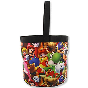 Super Mario Brothers Collapsible Nylon Gift Basket Bucket Tote Bag (One Size, Black/Multi)