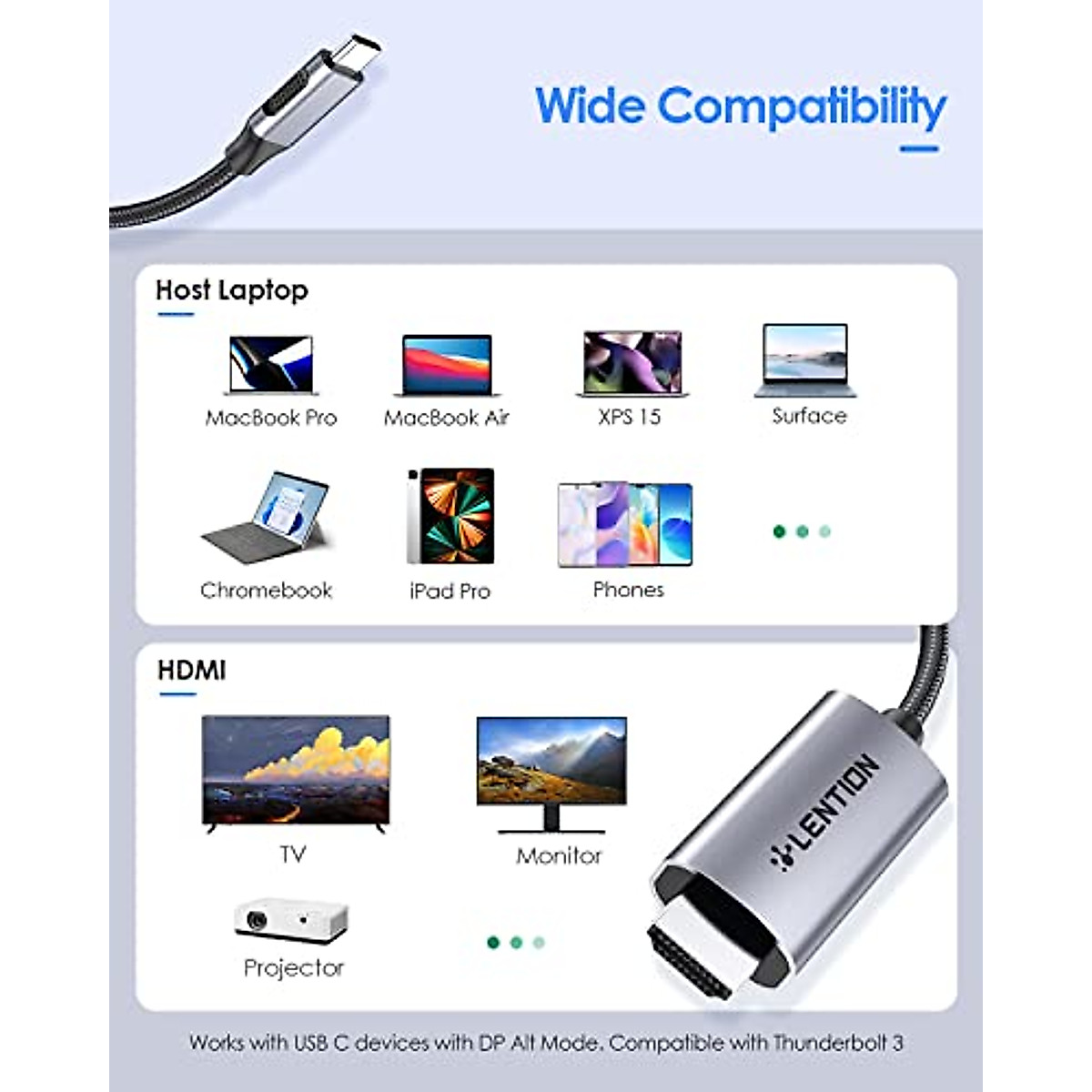 LENTION 6FT USB C to HDMI 2.0 Cable Adapter (4K/60Hz) Compatible 2023-2016 MacBook Pro, New iPad/Surface/Mac Air, Note 21/20/10, Stable Driver Certified (CB-CU707-2M, Space Gray)