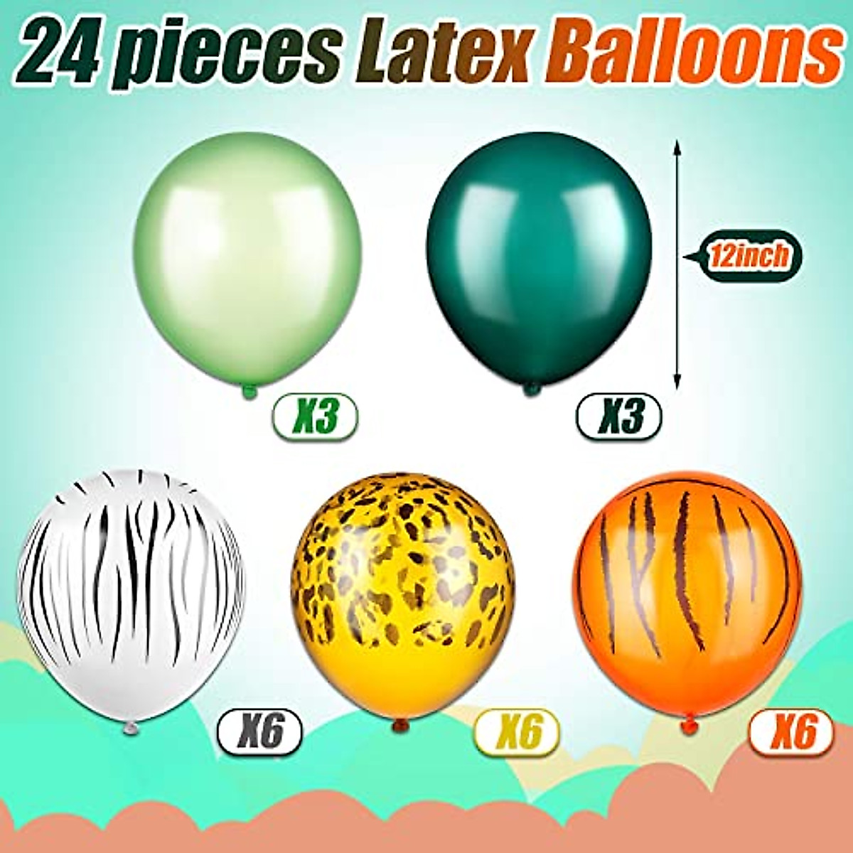 Liliful 24 Pieces Jungle Balloons 12 Inch Jungle Safari Balloons Animal Print Balloons Jungle Safari Theme Party Decorations Jungle Theme Party Supplies (Fresh Color,Animal Print Style)