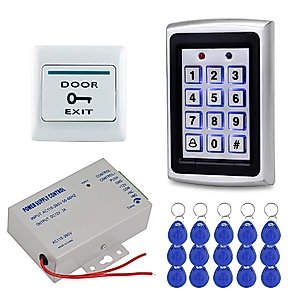 HFeng Door Access Control System Kit 125KHz RFID Keypad Metal Case + DC12V 3A Power Supply Controller + Door Exit Button + 10pcs Keyfobs (Without Lock)