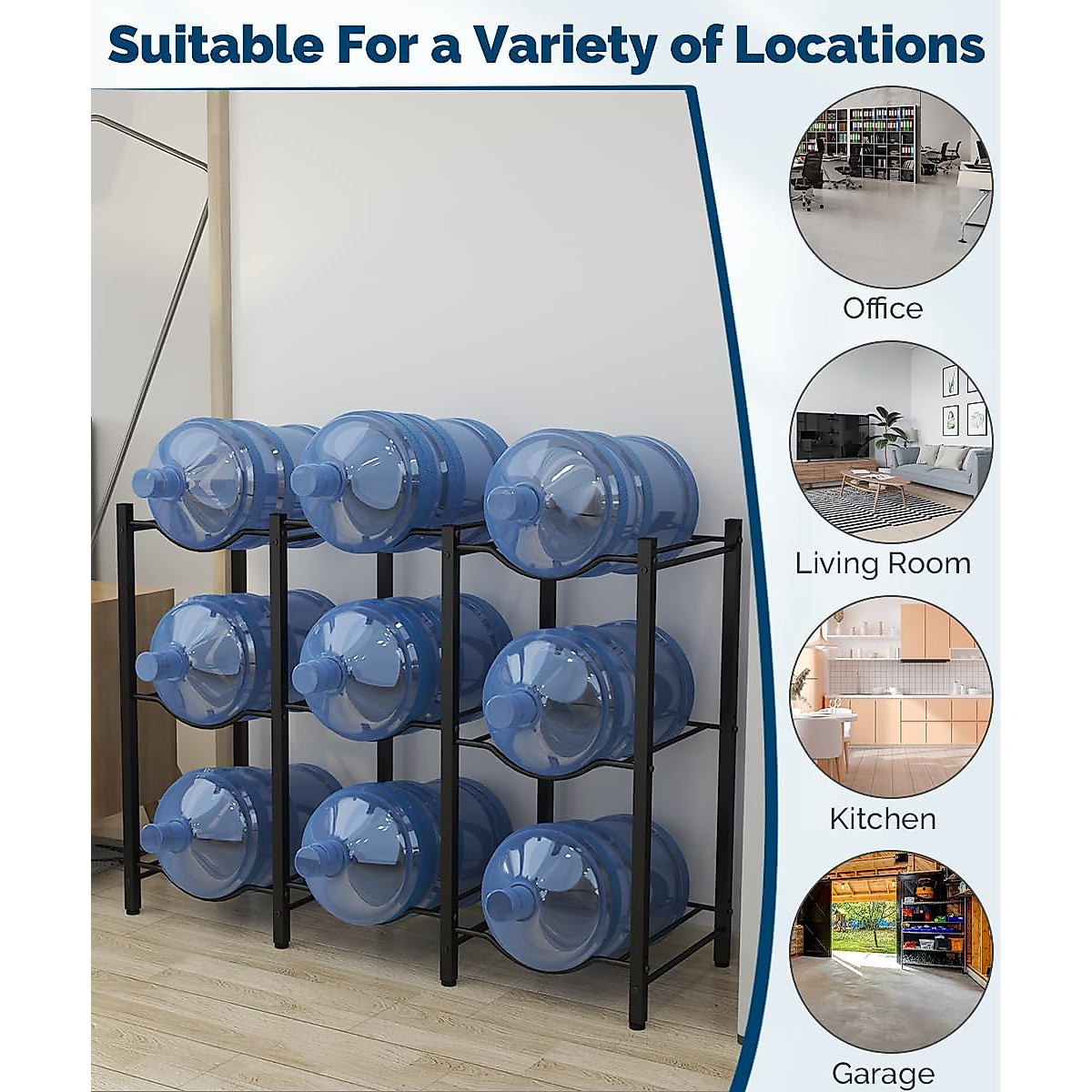 mocomax 5 Gallon Water Jug Rack, Detachable Water Bottle Holder for 9 Bottles, 3 Tier Heavy Duty Water Cooler Jug Rack, Water Bottle Organizer Storage Rack for Kitchen, Office, Living Room, Black