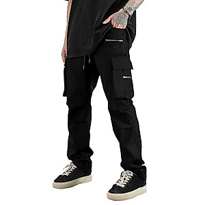 JMIERR Men Casual Cargo Pants Elastic Waist Drawstring Tactical Pant Lightwight Hiking Joggers Pants Loose Fit with Multi Pockets, US 34(M), 1 Black