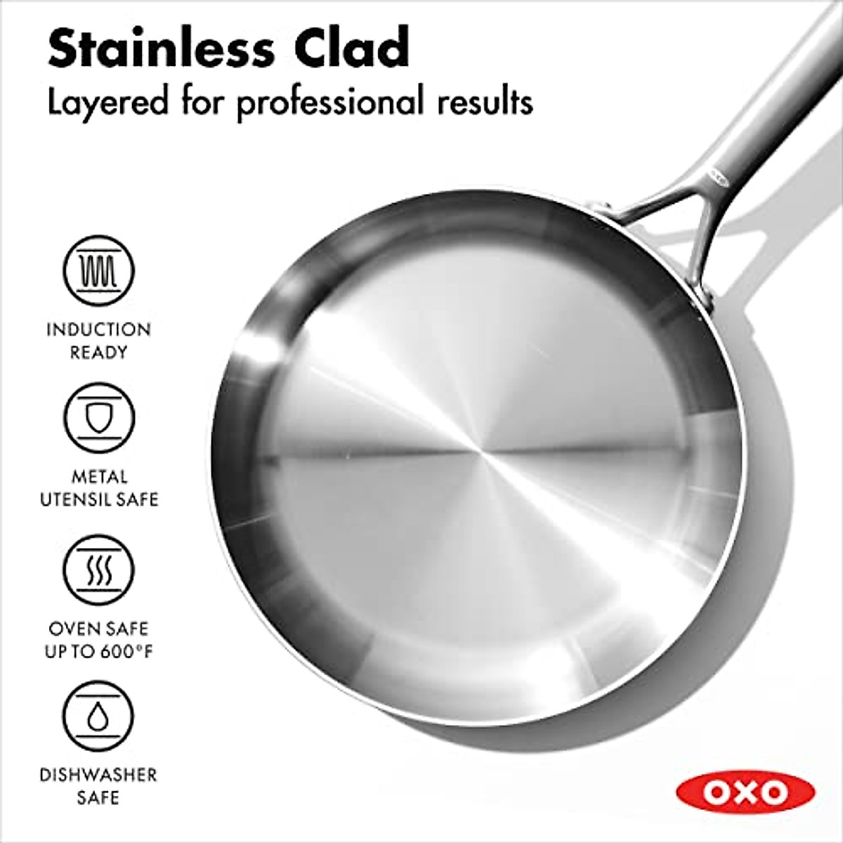 OXO Mira Tri-Ply Stainless Steel, 10" Frying Pan Skillet, Induction, Multi Clad, Dishwasher and Metal Utensil Safe