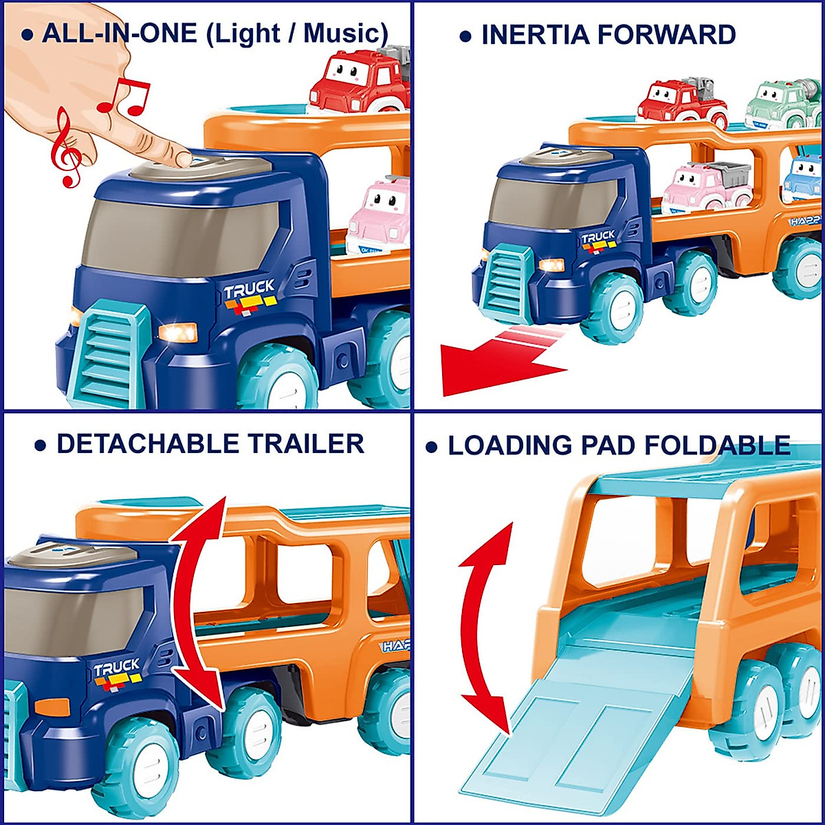 QXTTS Toddler Trucks Toys for 1 2 3 Year Old Boy Girl, with Sound and Light 7 in 1 Transport Vehicles Toy Set with 6 Different Small Toy Car, Gifts for Toddlers Age 1-3