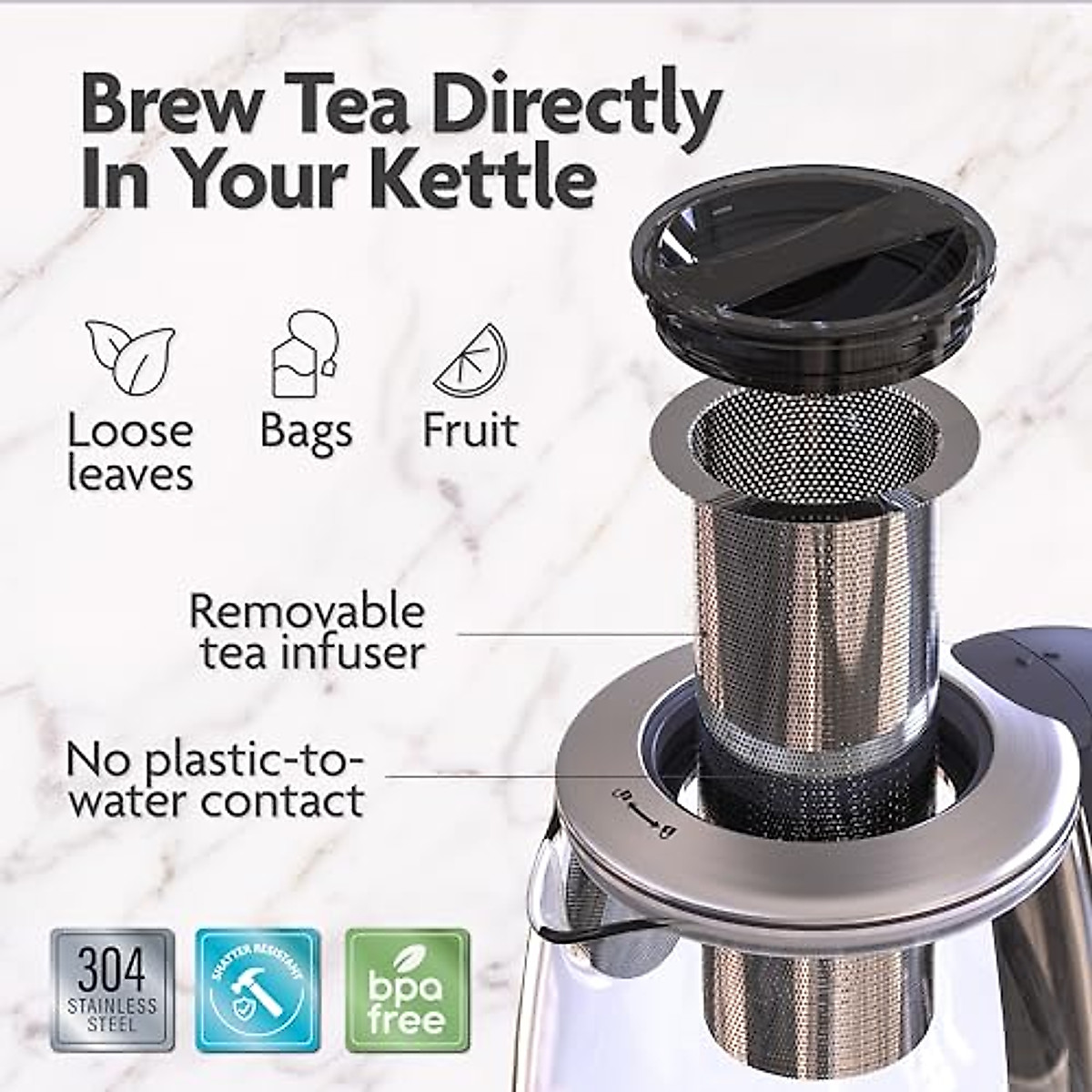 Vianté Electric Glass Tea Kettle with Removable Infuser. Hot tea infuser Pot for Loose Leaf & Bagged Tea. BPA-FREE. Stainless Steel & Borosilicate Glass. LED Illuminated. 1.7 Liters capacity.