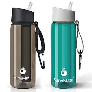 SurviMate Purified Water Bottle for Camping, Hiking, Backpacking and Travel, BPA Free with 4-Stage Intergrated Filter Straw