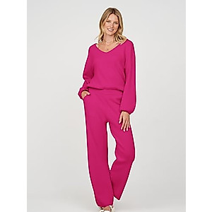 MEROKEETY Women's 2 Piece Outfits Long Sleeve V Neck Knit Pullover Tops and Wide Leg Pant Lounge Set,Rose,M