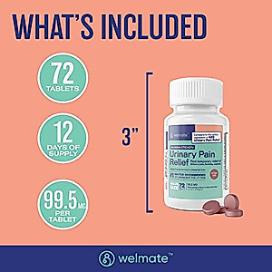 WELMATE Urinary Pain Relief | UTI Relief | Fast Acting | Bladder Discomfort & Pain Relief | Phenazopyridine Hydrochloride 99.5mg | 72 Count Tablets