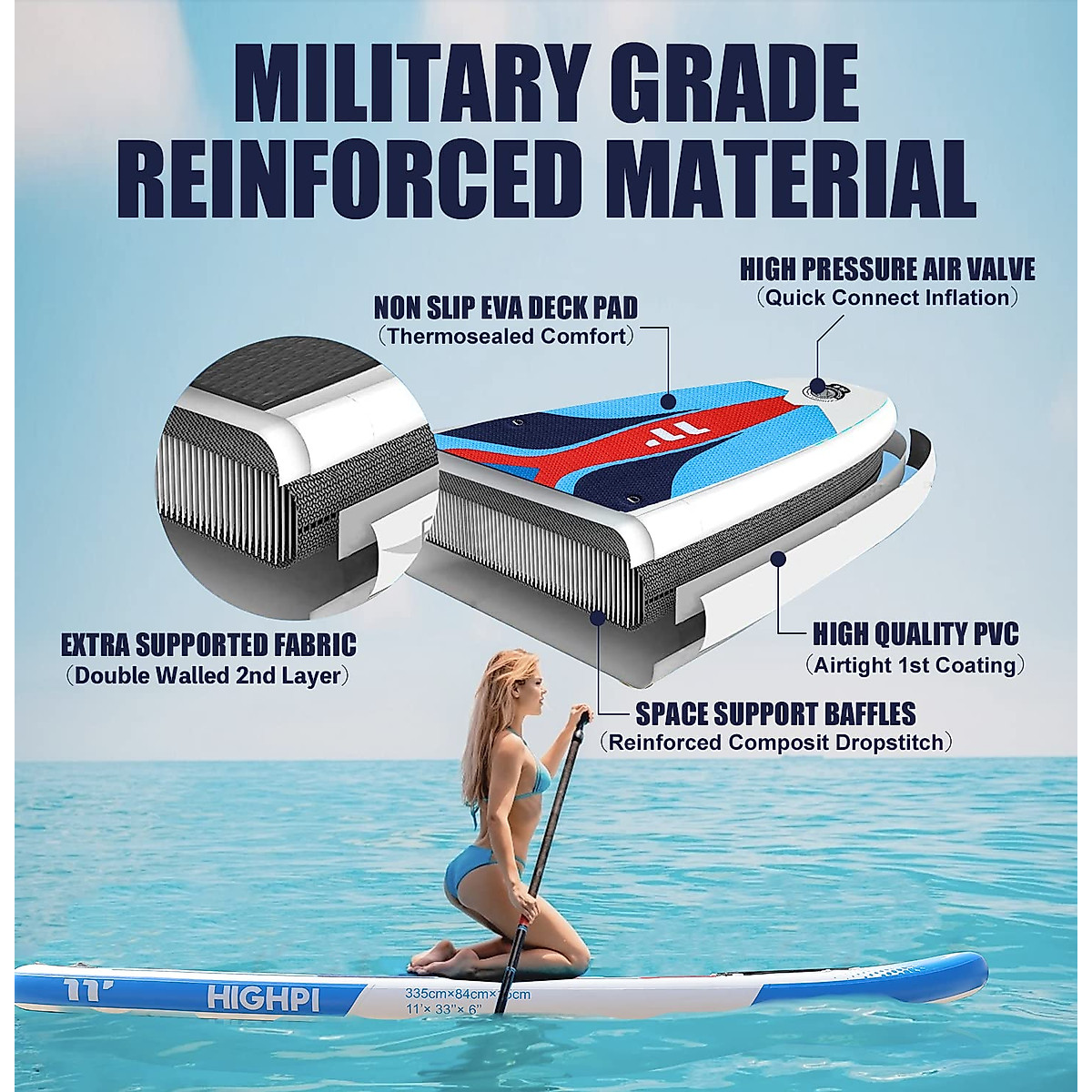 HIGHPI Inflatable Paddle Boards, 11'x33''x6'' SUP for Adults&Youth, Stand Up Paddle Boards with Accessories, Anti-Slip Deck, Stable Durable Lightweight, Suitable for Yoga Fishing Traveling