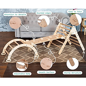 Woodandhearts 3 in 1 Pikler Triangle Set, Montessori Baby Climbing Set - Pikler Triangle Gym - Toddler Jungle Gym - Climbing Toys for Toddlers 1-3 Inside
