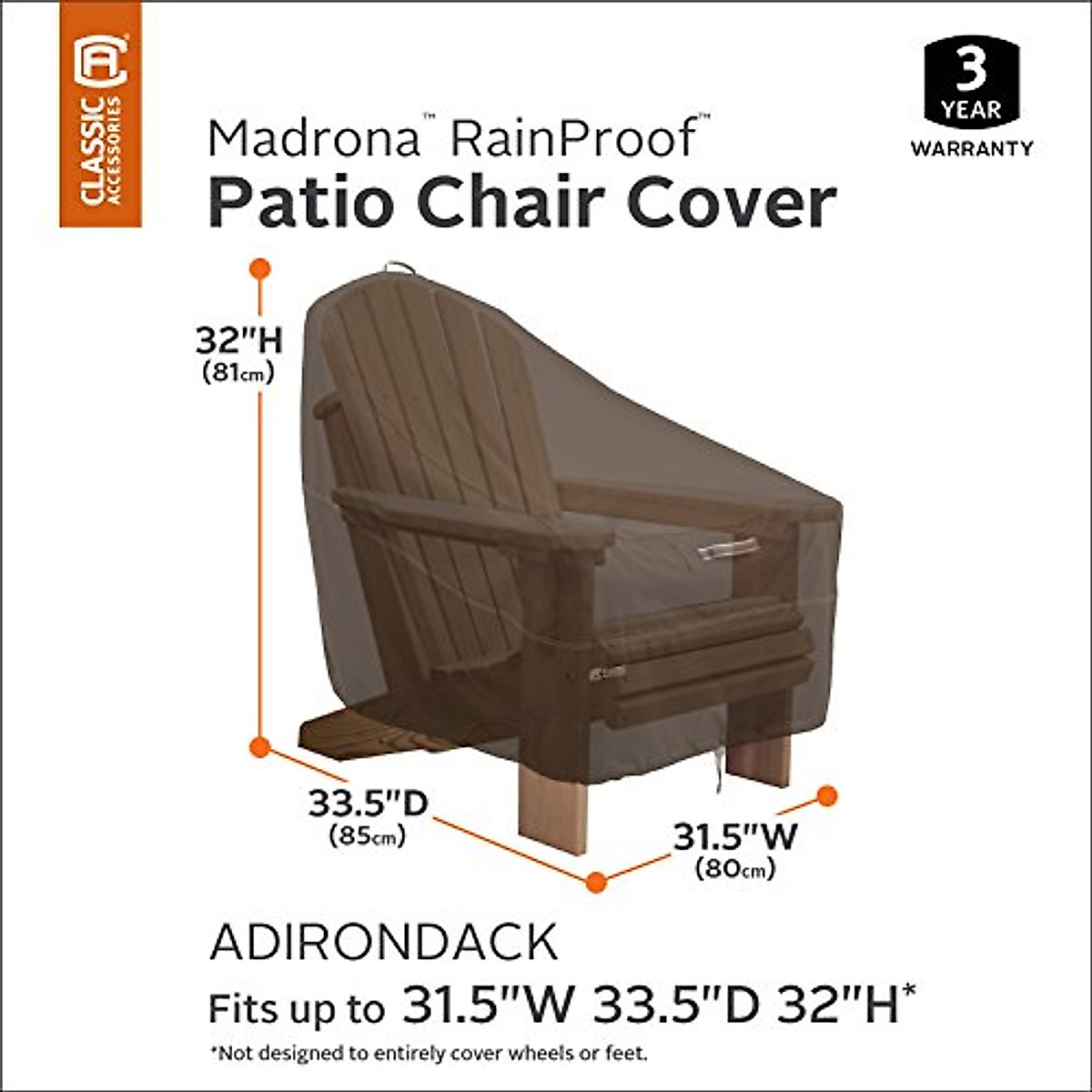 Classic Accessories Madrona Waterproof 31.5 Inch Patio Adirondack Chair Cover