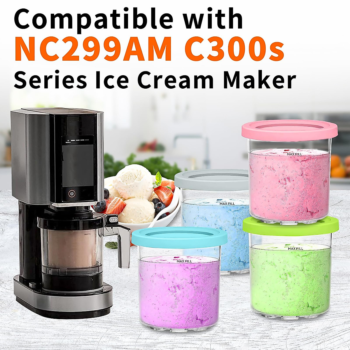 4 Pack Creami Pints and Lids for Ninja, Ice Cream Containers Compatible with Ninja Creami NC299AM C300s Series Ice Cream Maker, Replacement Pints Containers and Lids, BPA-Free & Dishwasher Safe