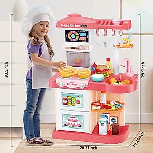 HCFJEH Kids Play Kitchen Toy Playset,Pink Kitchen Toy Set with Play Sink & Pretend Steam, Toddler Kitchen Accessories Set with Sounds & Light, Birthday for Boy Girl 3 4 5 7 8 Year Old