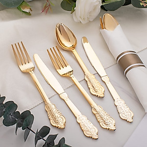 I00000 30 Guest Pre Rolled Napkins with Gold Plastic Silverware, Premium Disposable Cutlery Set Includes: 30 Forks, 30 Knives, 30 Spoons, 30 Napkins