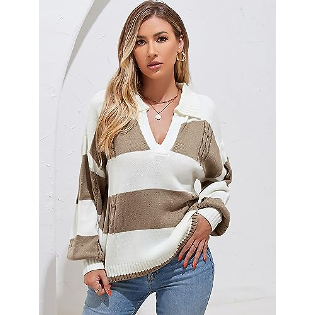 ZAFUL Women 2023 Striped V Neck Long Sleeve Sweater Fall Lapel Collar Ribbed Knit Loose Pullover Sweater Jumper Top Brown