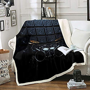 Rock Music Theme Fleece Throw Blanket Drum Kit Sound Sherpa Blanket Boys Adults Rock Musical Instrument Plush Blanket Soft Fuzzy Blanket for Sofa Bed Couch,Black,Throw 50x60 Inch