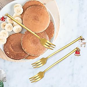 A · HOUSEWARE Dessert Forks Gold Christmas Silverware Set Stainless Steel Flatware Small 6 Pieces Appetizer Utensils With Xmas Charms Handle for Festival Parties and Everyday Use