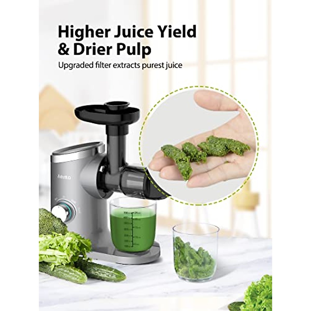 Slow Masticating Juicer, Aeitto Cold Press Jucier Machines, with Triple Modes,Reverse Function & Quiet Motor, Easy to Clean with Brush, Recipe for Vegetables And Fruits, Grey
