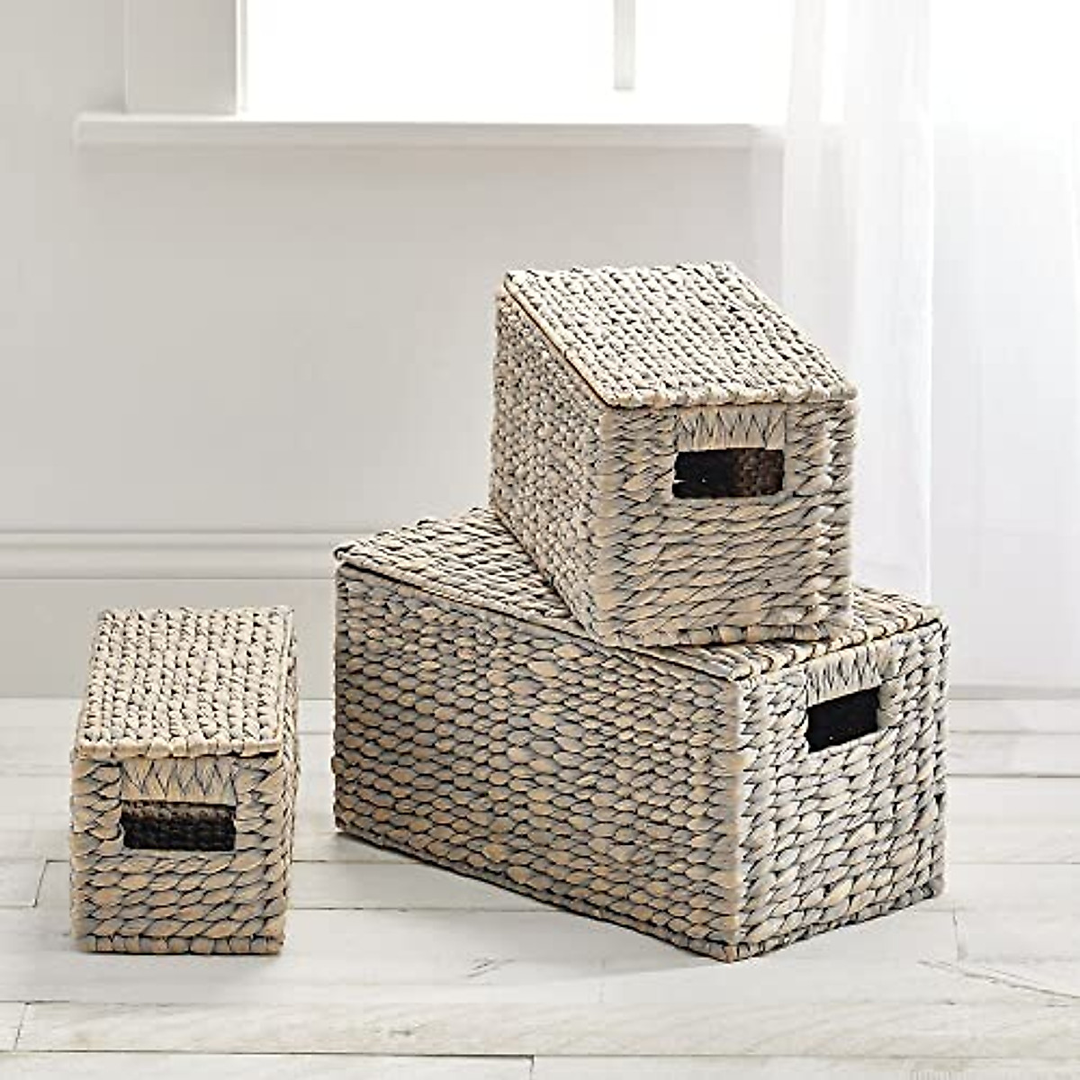 mDesign Woven Water Hyacinth Rectangle Storage Organizer Basket Bin with Topper Lid and Handles - Natural Farmhouse Holder Containers for Closet, Bedroom, Bathroom, Office - Set of 3 - Gray