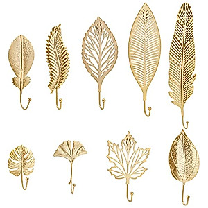 BENECREAT 9pcs Decorative Leaves Iron Hooks, 9 Style Feather/Maple Leaf Wall Mounted Hangers Gold Coat Hooks for Hanging Key, Towel, Coat, Photo Frame, Hat, Bag and Umbrella
