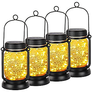 Mlambert 4 Pack Solar Hanging Mason Jar Lights with Stakes, Outdoor Waterproof Decorative Solar Lantern Table Lamp, Vintage Glass Jar Starry Fairy Light with 30 LEDs for Patio Garden Tree (Warm White)