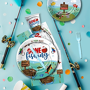 Xenorik Gone Fishing Party Decorations Tableware - Fish Fishing Birthday Party Supplies, Paper Plate, Cup, Napkin, Fork, Little Fisherman Fishing Birthday Baby Shower Table Decorations | Serve 24