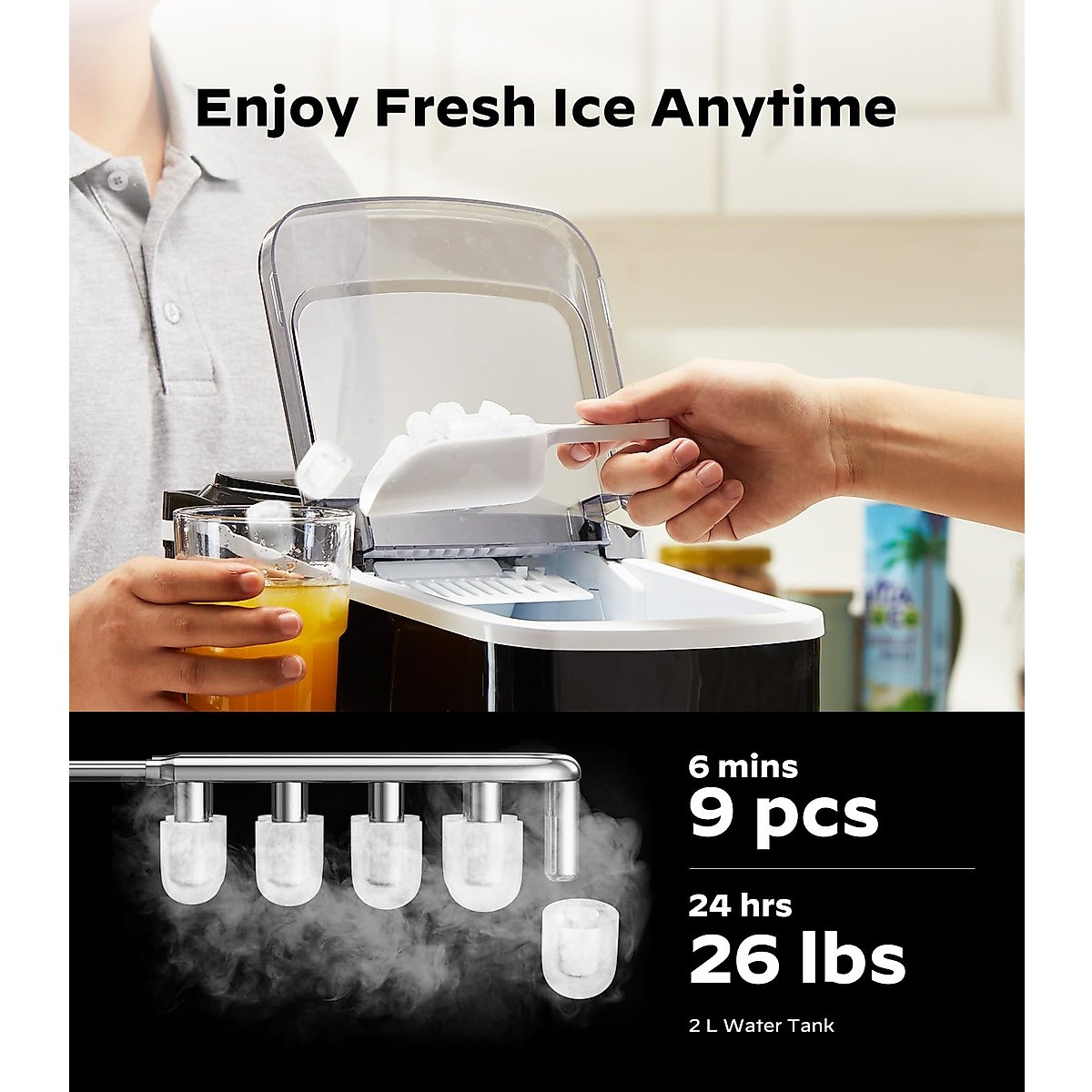Silonn Smart Countertop Ice Maker, Compact Wi-Fi Ice Maker with App Control, 9 Cubes in 6 Mins, 26 lbs per Day, 2 Ice Cube Sizes, Portable Ice Maker with Self-Cleaning for Kitchen/Office/RV