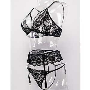 Women Lingerie with Stockings and Gloves,Garter Belt Lingerie Set Black M