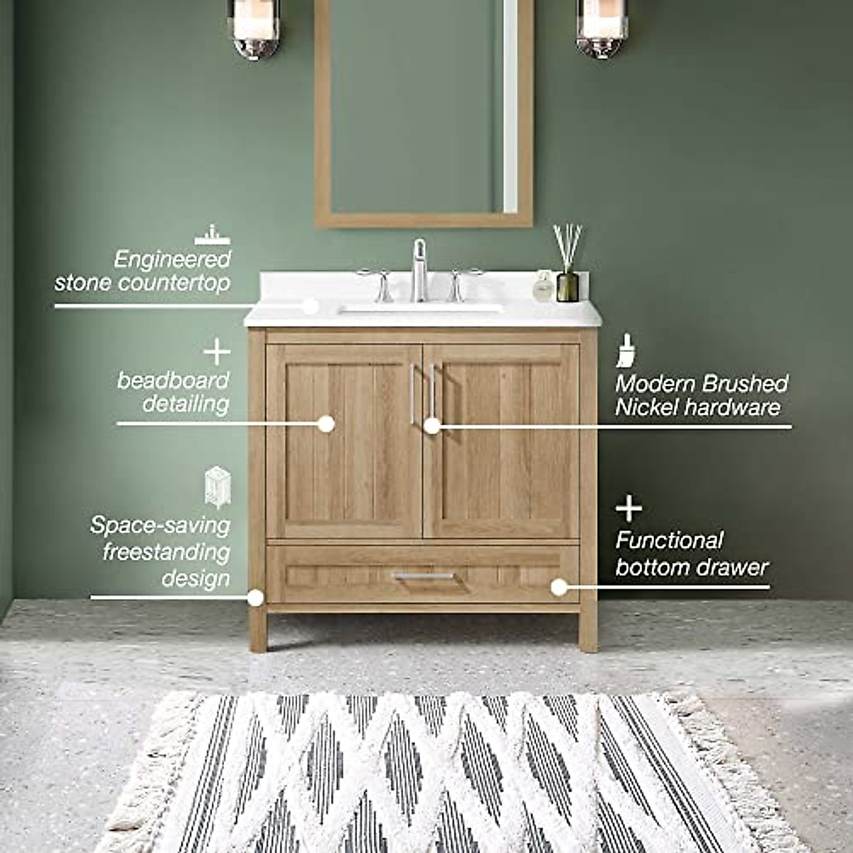 OVE Decors Kansas 36" Single Sink Bathroom Vanity Set with Countertop, Fully-Assembled | Ceramic Sink and Backsplash Included | 02 Doors, 01 Drawer, 36 inches, White Oak