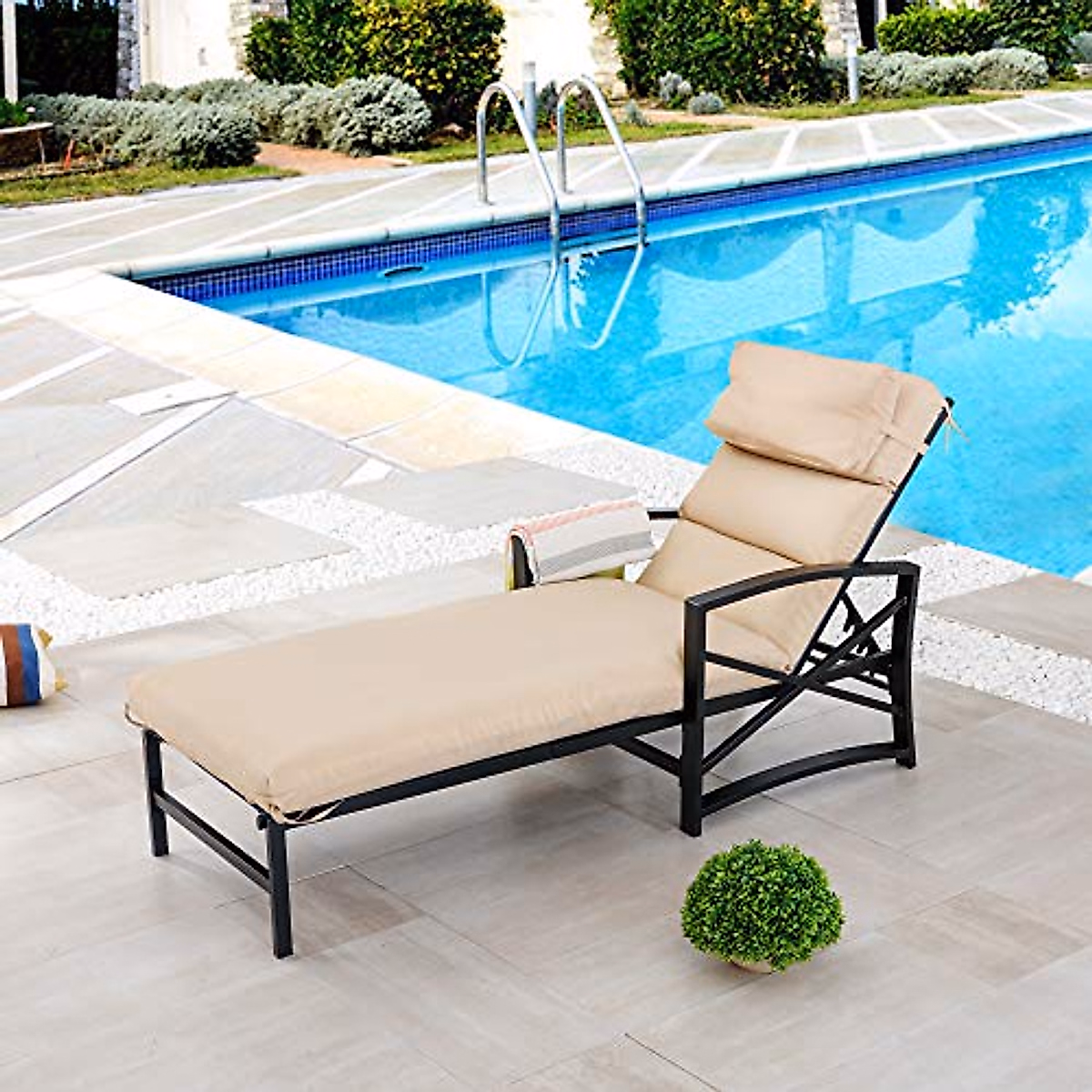 LOKATSE HOME Patio Chaise Lounge Chair Outdoor Furniture Reclining Adjustable with Cushion and Soft Pillow for Pool, Deck, Yard, Khaki