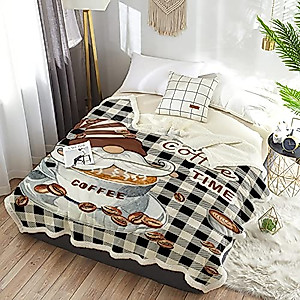 Sherpa Fleece Throw Blanket,Coffee Gnome Black Checker Retro Linen Soft Reversible Flannel Throws for Couch Sofa Bed,Dwarf Espresso Warm Cozy Blankets for Travel,Camping,Home Decor 40x50In