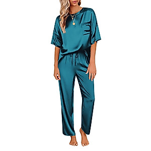 Ekouaer Womens Silk Satin Pajamas Set Two Piece Pj Sets Sleepwear Loungewear Short Sleeve Pj Sets Green