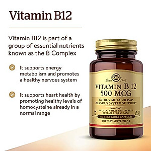 Solgar Vitamin B12 500 mcg, 100 Vegetable Capsules - Energy Metabolism, Nervous System Support, Heart Health - Non-GMO, Vegan, Gluten Free, Dairy Free, Kosher, Halal - 100 Servings